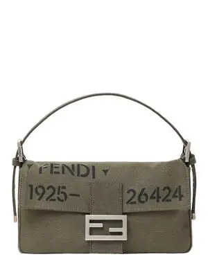 FENDI Baguette® 26424 Khaki Green Canvas Bag With Stencil Print.